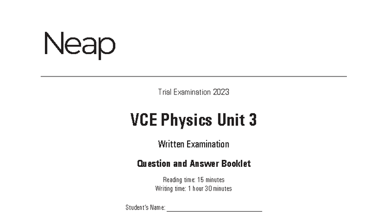 VCE Physics Unit 3 Trial Examination 2023 Question and Answer Booklet ...
