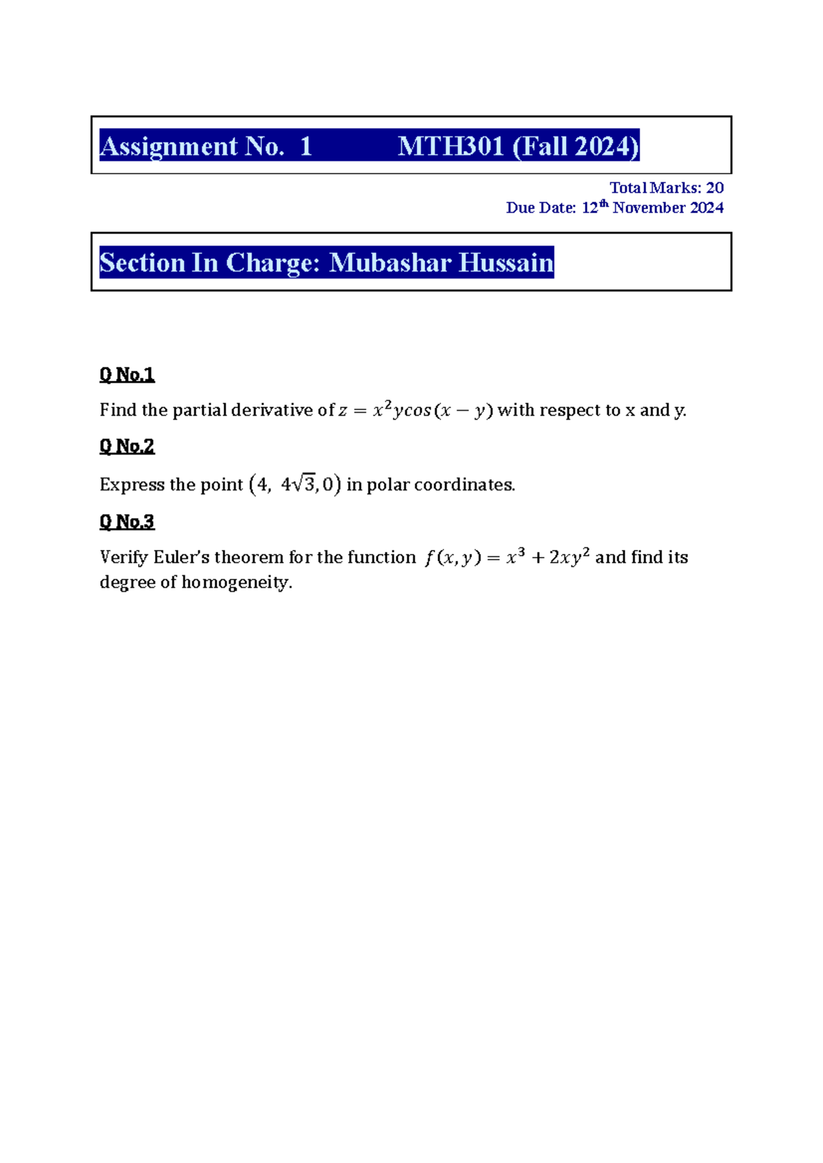 Assignment No.1 MTH301 Section Incharge Mubashar Hussain - calculus II - Assignment No. 1 MTH ...
