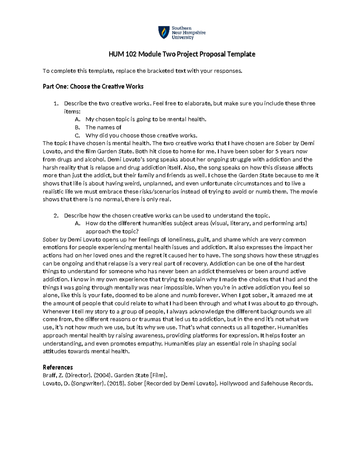 HUM 102 Week 2 Project Proposal on Mental Health and Creative Works ...