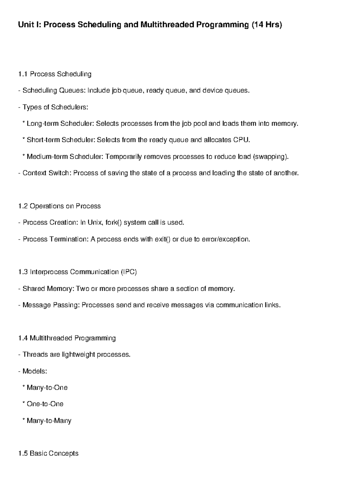 Unit I Process Scheduling and Multithreaded Programming Notes - Types ...
