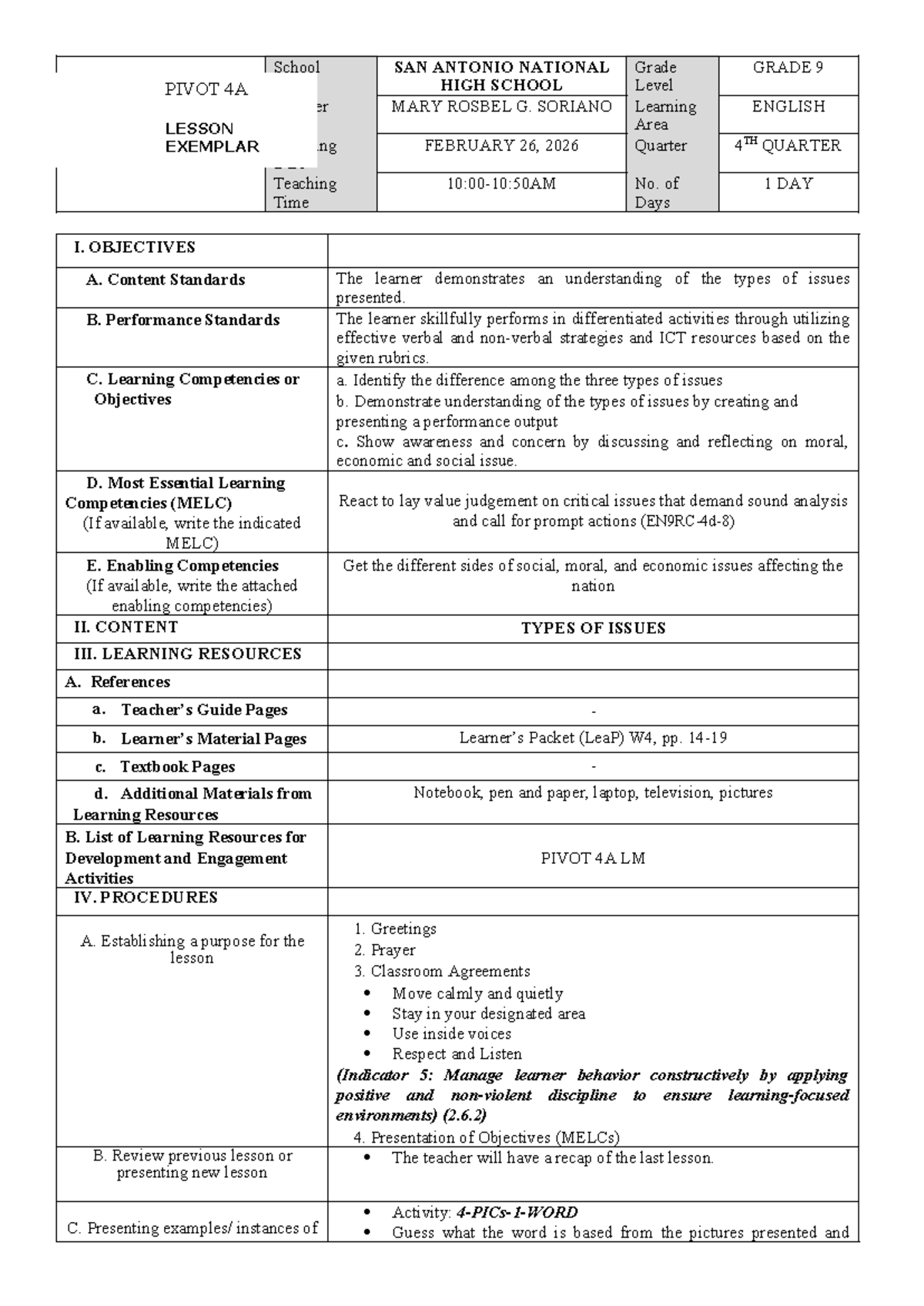 GRADE 9 ENGLISH 4TH QUARTER LESSON EXEMPLAR ON TYPES OF ISSUES - Studocu