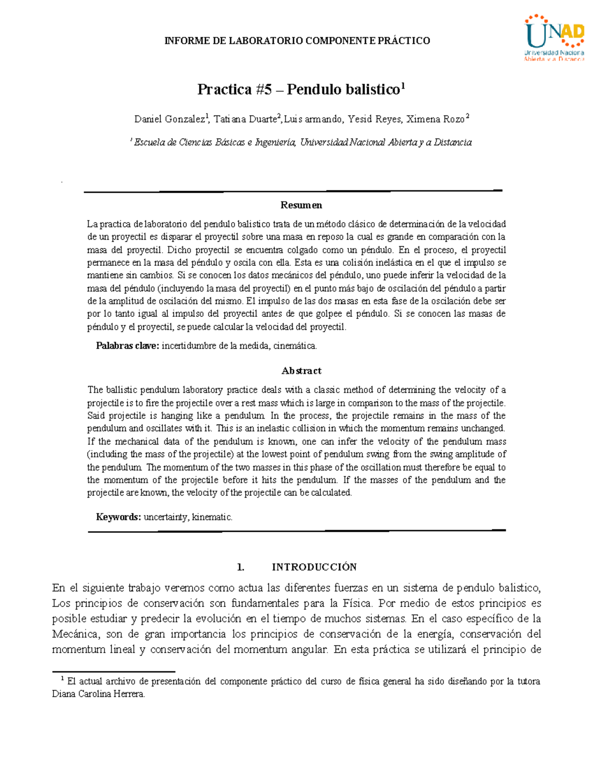 Informe de Laboratorio: Práctica del Péndulo Balístico (FIS-101) - Studocu