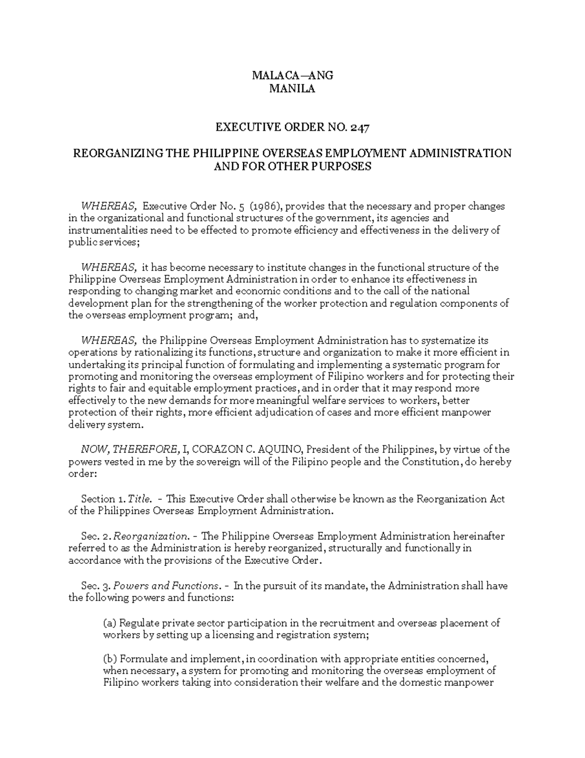 Executive Order No. 247: Reorganization of the Philippine Overseas ...
