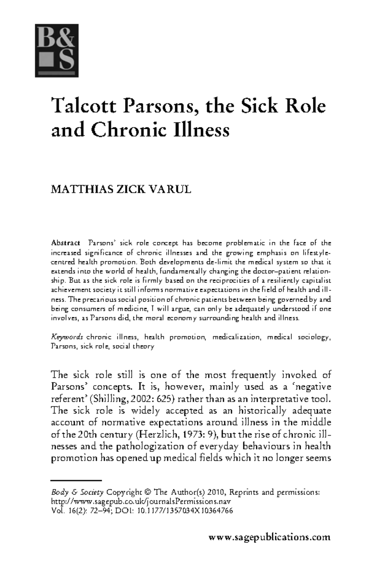 Talcott Parsons' Sick Role Concept & Chronic Illness Implications - Studocu
