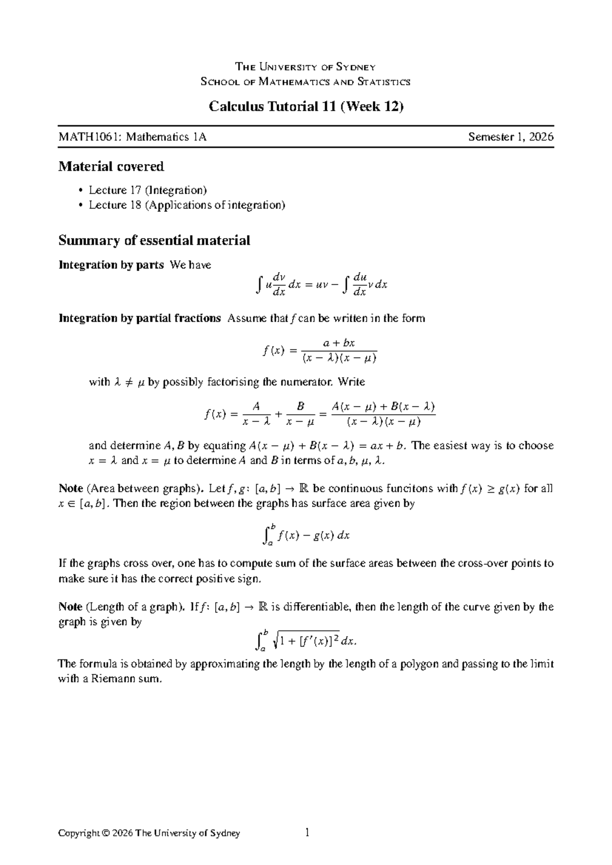Calculus Tutorial 11 (Week 12) MATH1061: Integration Techniques and ...