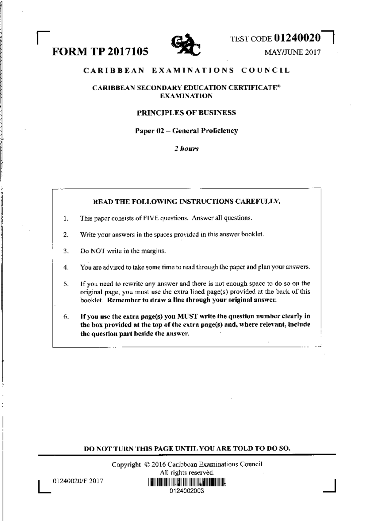 CSEC POB June 2017 Paper 02 - Principles of Business Exam - Studocu