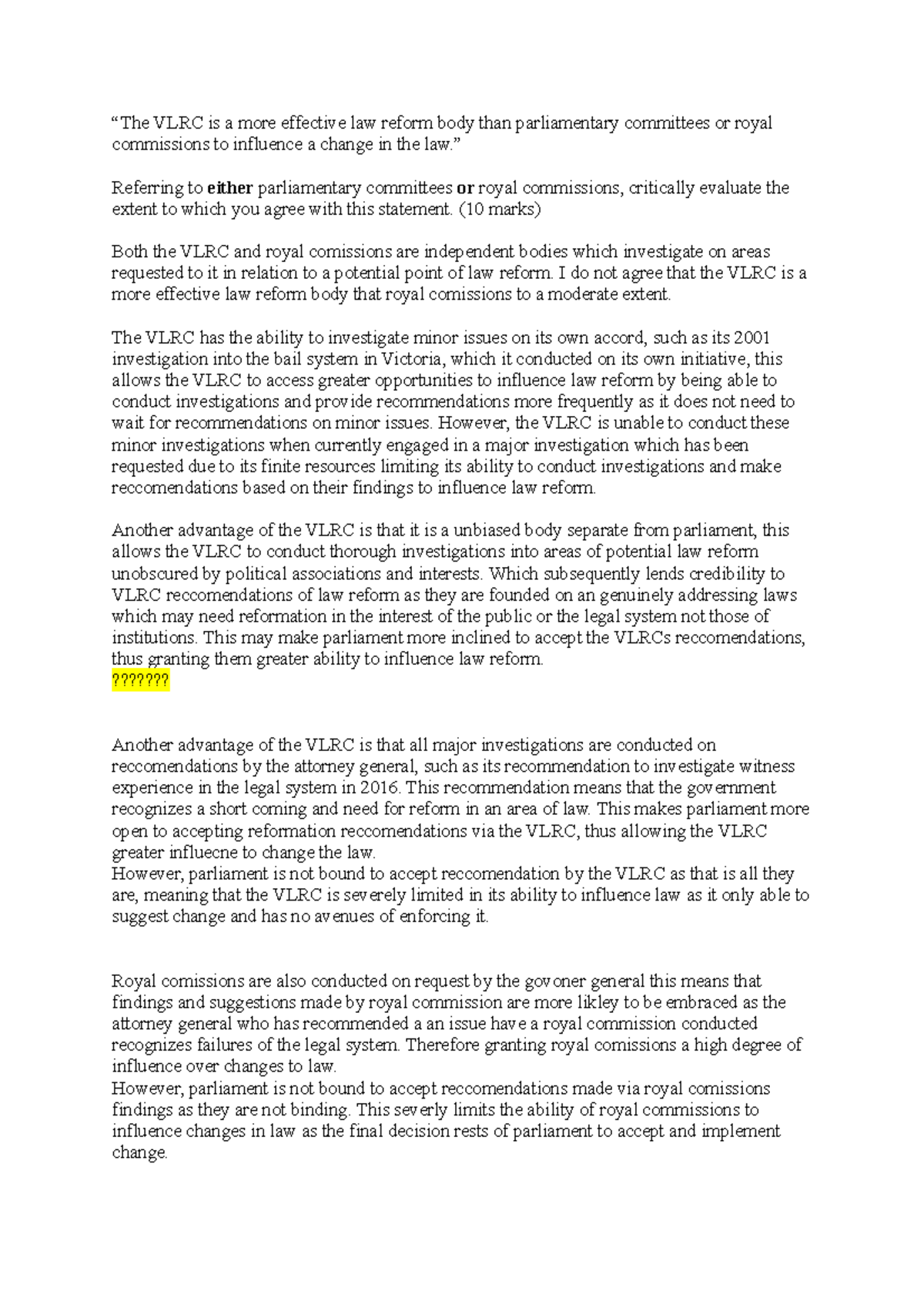 Legpracq - Evaluating VLRC vs Royal Commissions in Law Reform - Studocu