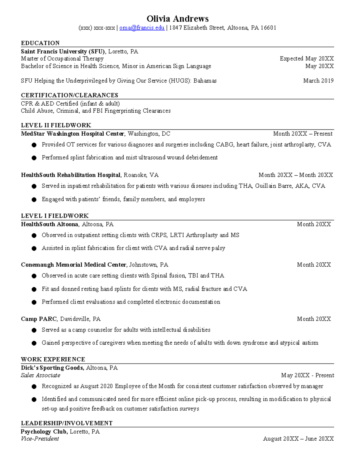 OT Resume Sample 2022 - Example for Master of Occupational Therapy ...
