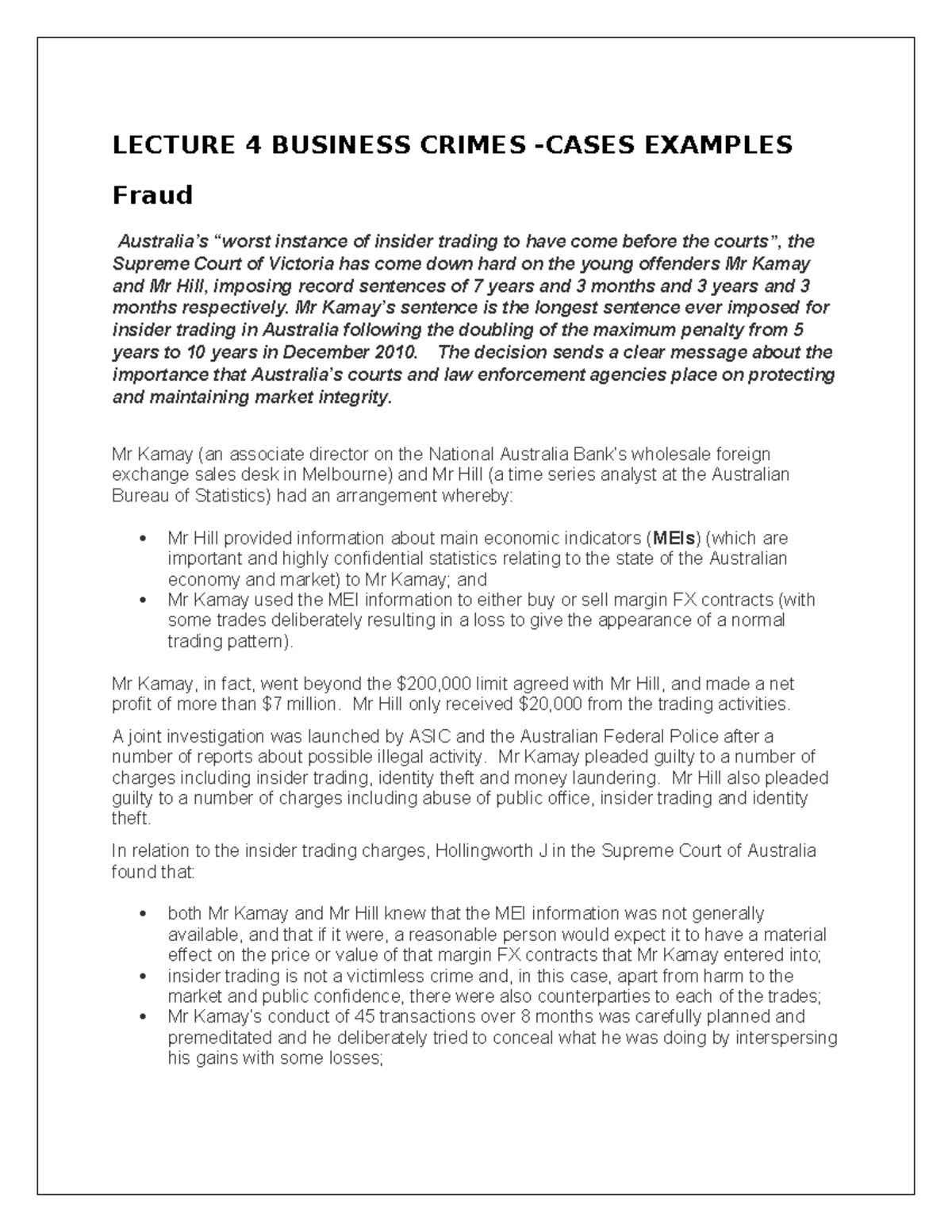 LECTURE 4: BUSINESS CRIMES & INSIDER TRADING CASE STUDY - Studocu