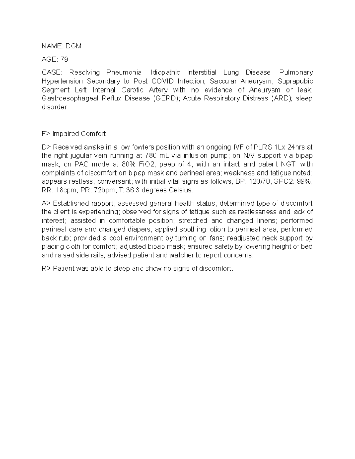 FDAR Report on Impaired Comfort: Case Study of DGM, 79 Years Old - Studocu