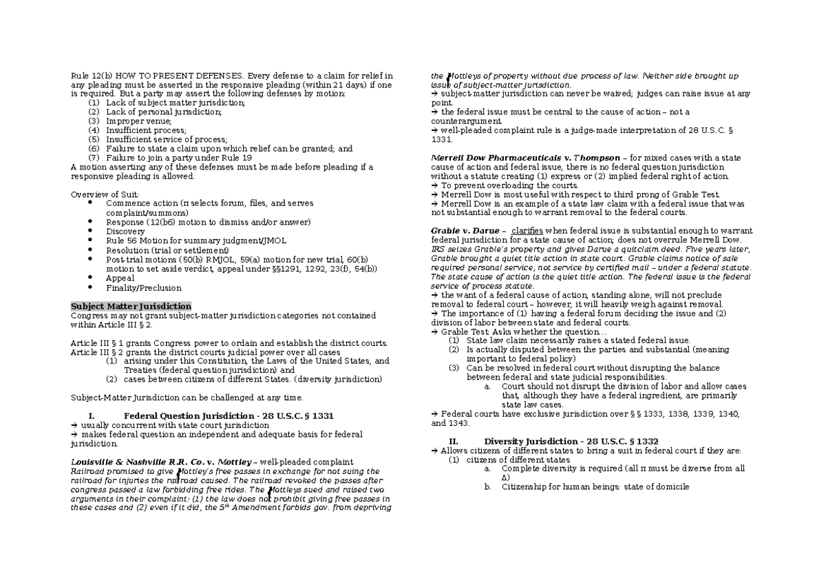 Civil Procedure Outline - Rule 12(b) HOW TO PRESENT DEFENSES. Every ...