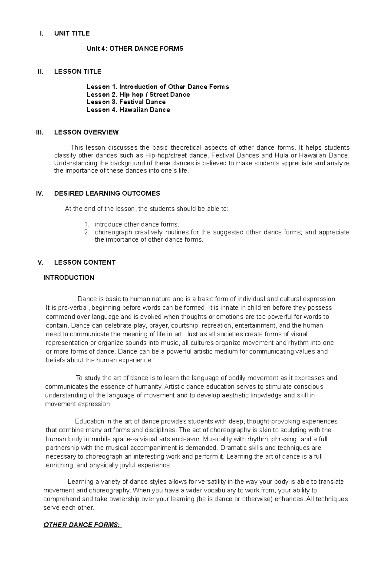 Pathf 4 Dance Module 4 - I. UNIT TITLE Unit 4: OTHER DANCE FORMS II ...