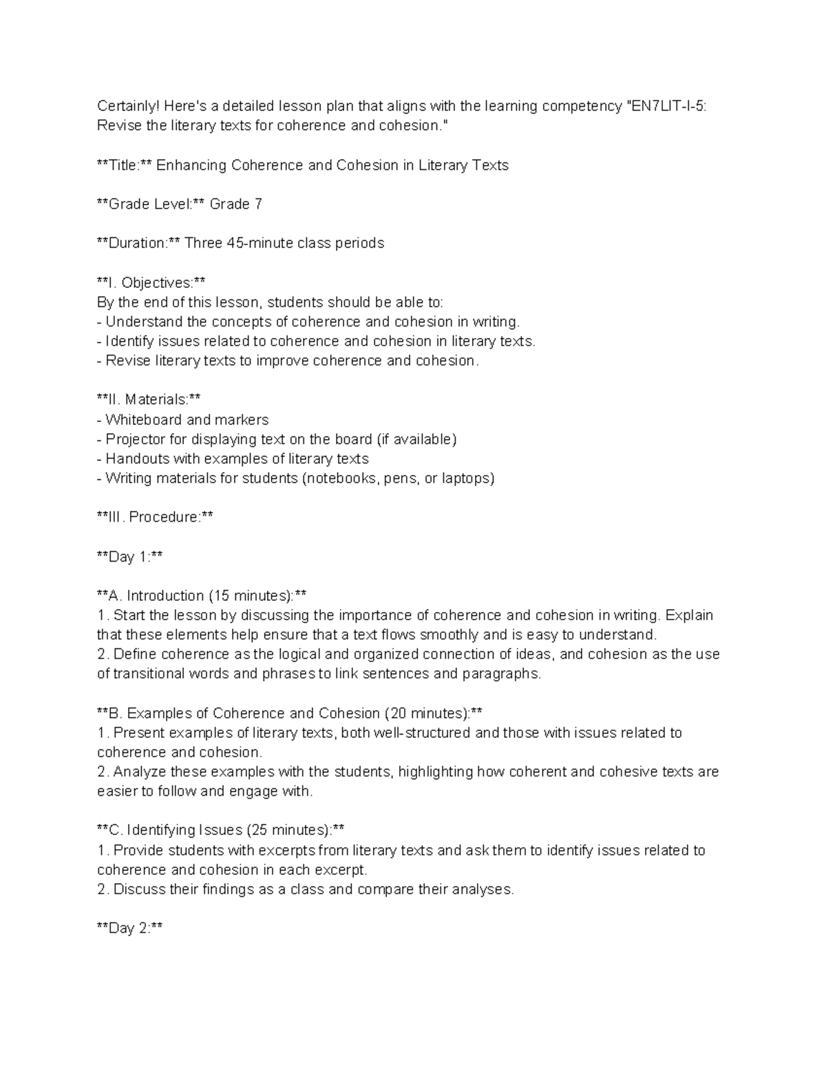 Grade 7 Lesson Plan: Enhancing Coherence & Cohesion in Texts - Studocu