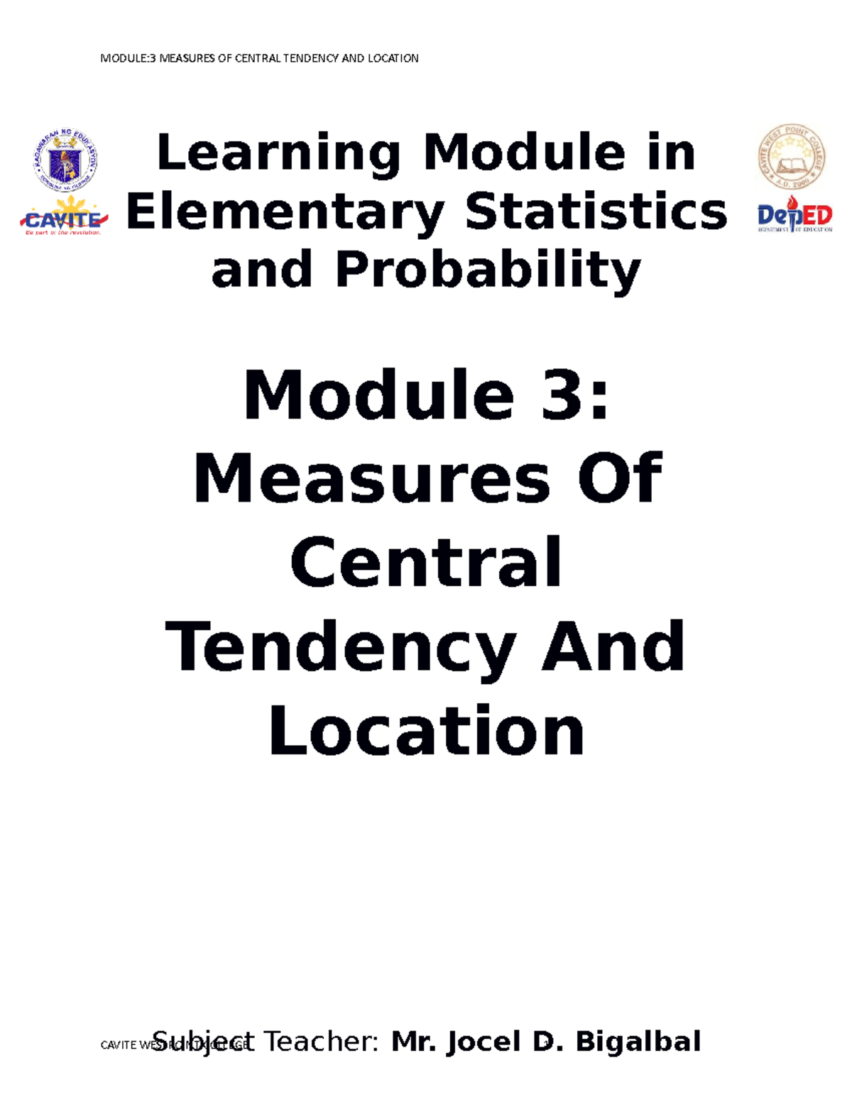 Module 3: Measures of Central Tendency in Elementary Statistics - Studocu