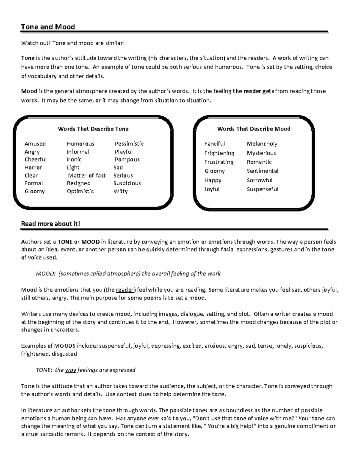 Tone and Mood Worksheet - Understanding Literary Emotions - Studocu