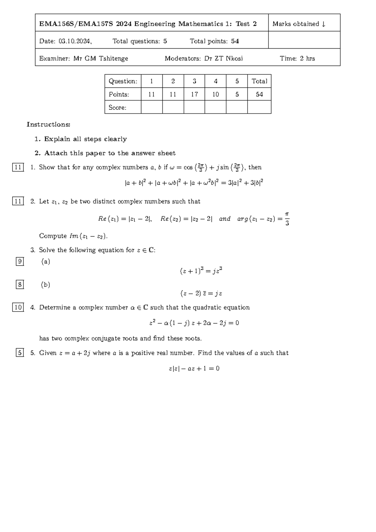 EMA156S/EMA157S - Engineering Maths Test 2 Practice Paper - Studocu