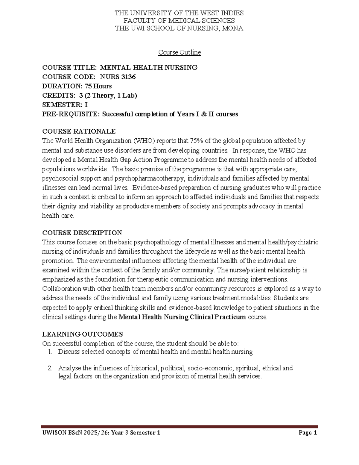 NURS 3136 Mental Health Nursing Course Outline and Learning Outcomes ...