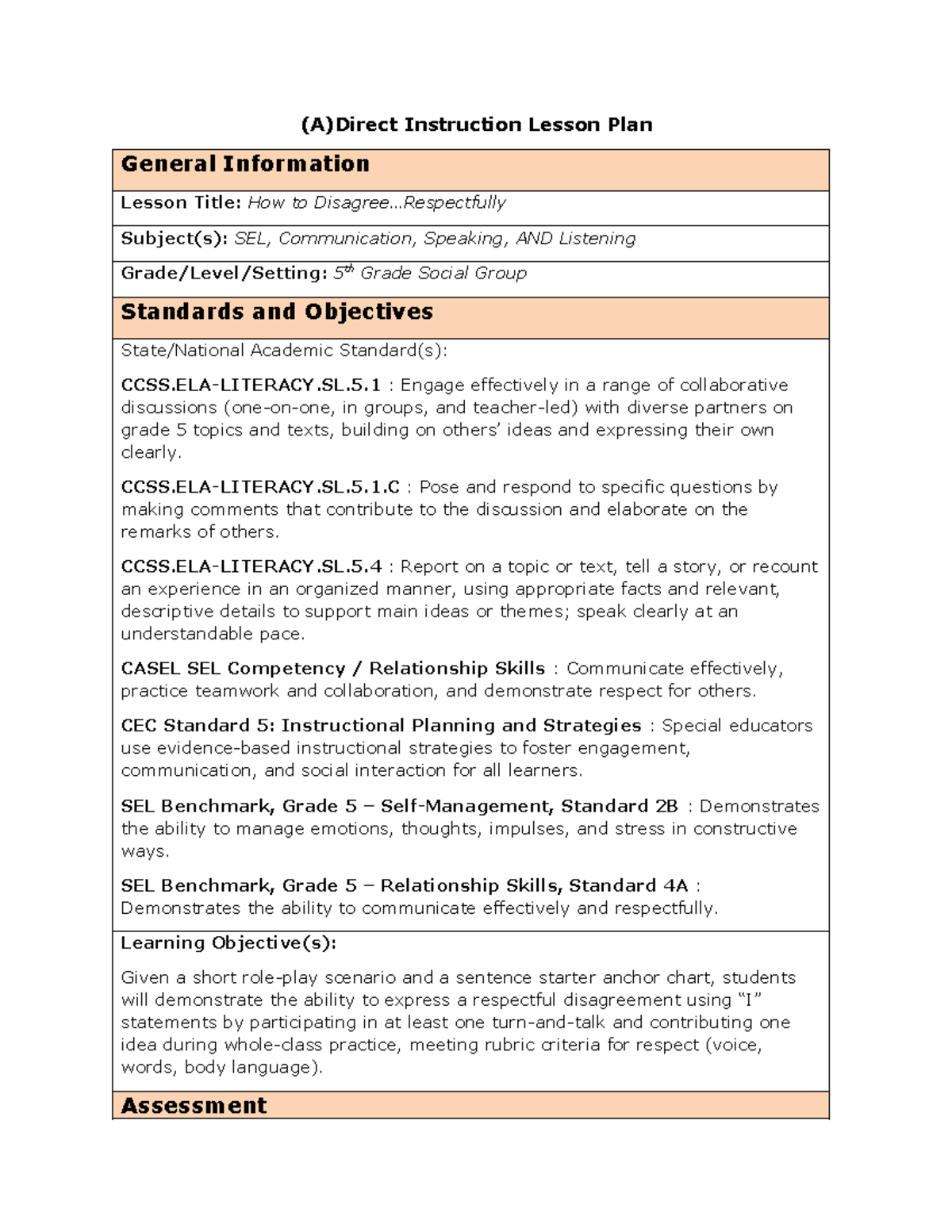 5th Grade SEL Direct Instruction Lesson Plan: Respectful Communication - Studocu