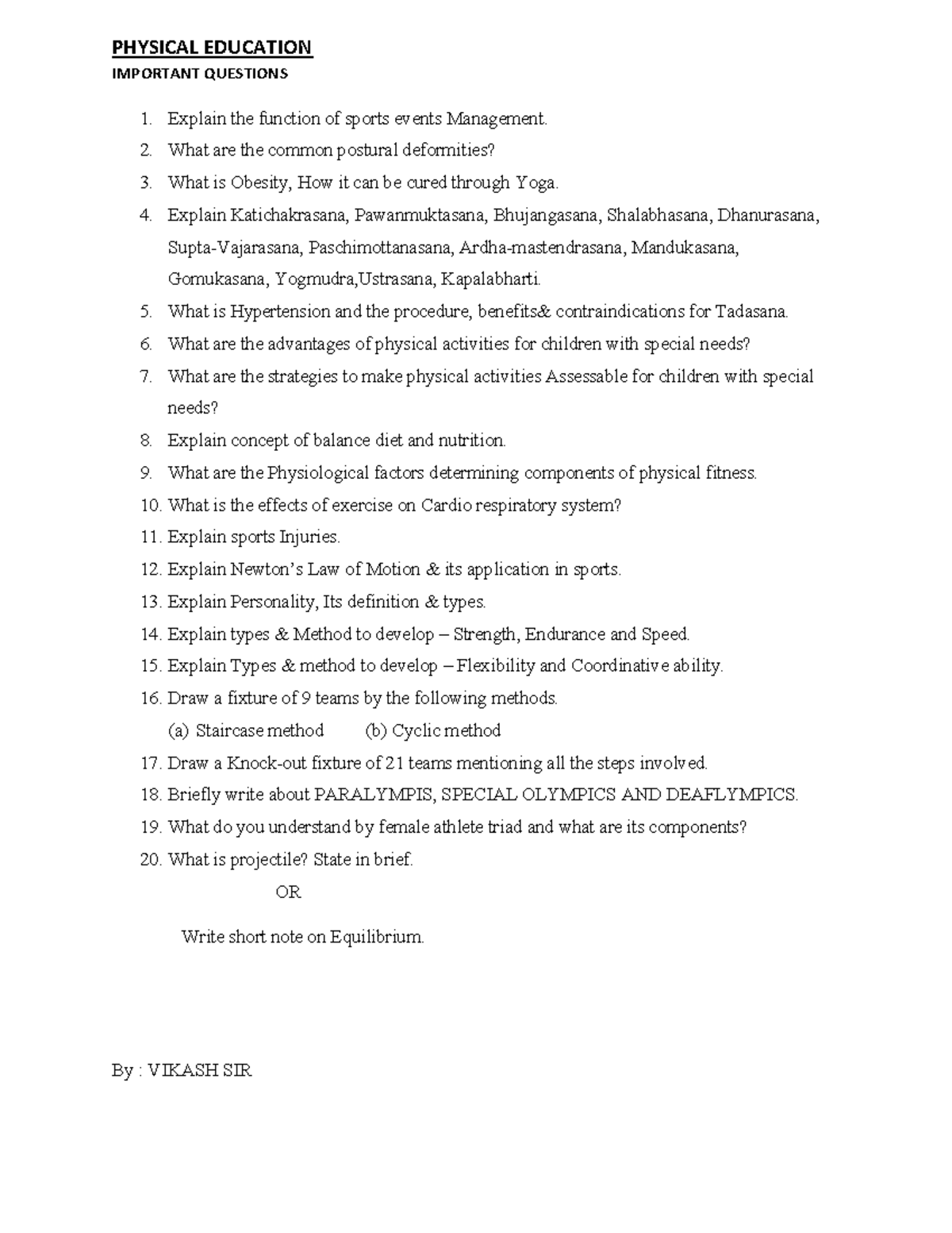Important question PE - PHYSICAL EDUCATION IMPORTANT QUESTIONS 1 ...