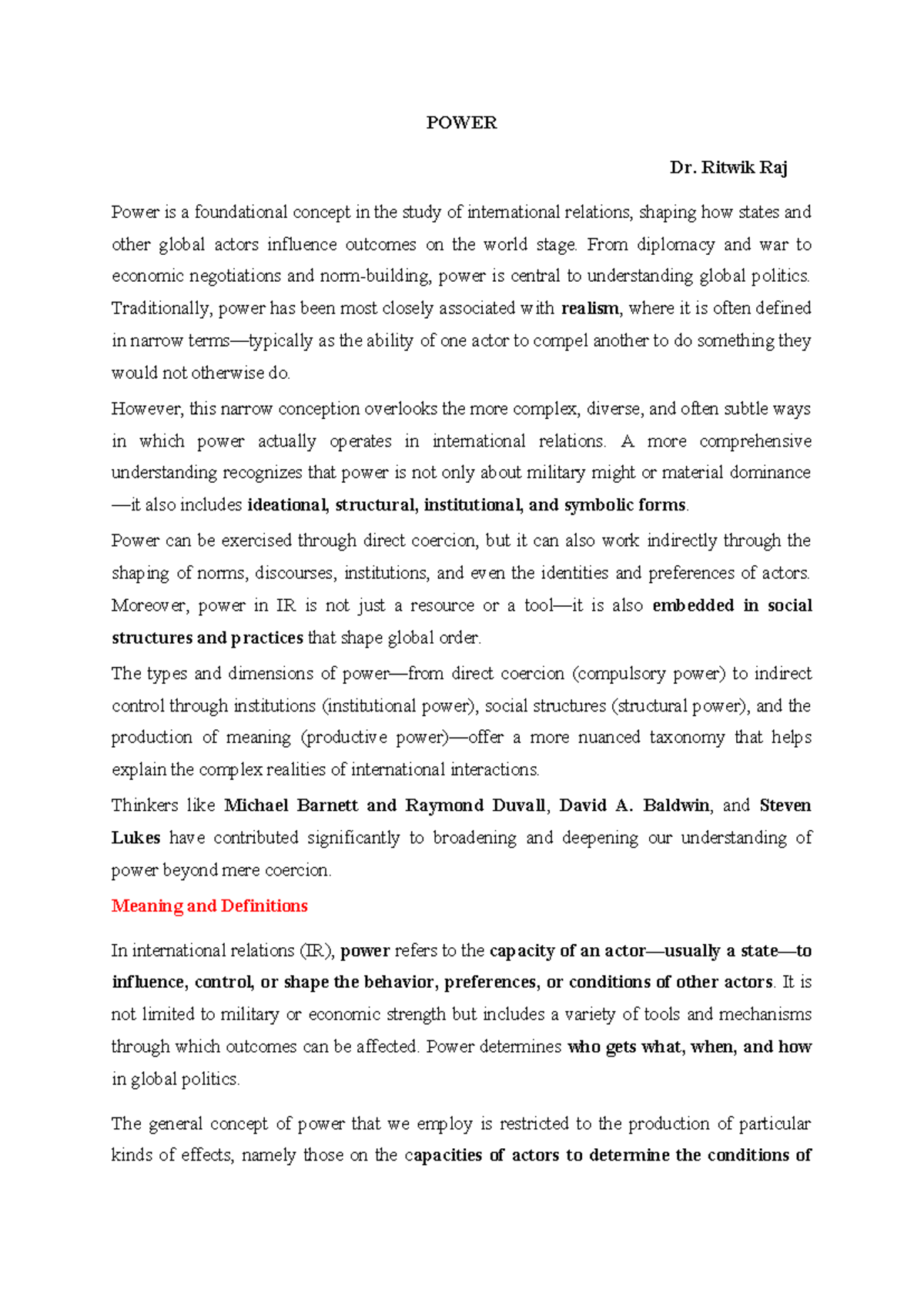 Power in International Relations: A Comprehensive Analysis - Studocu