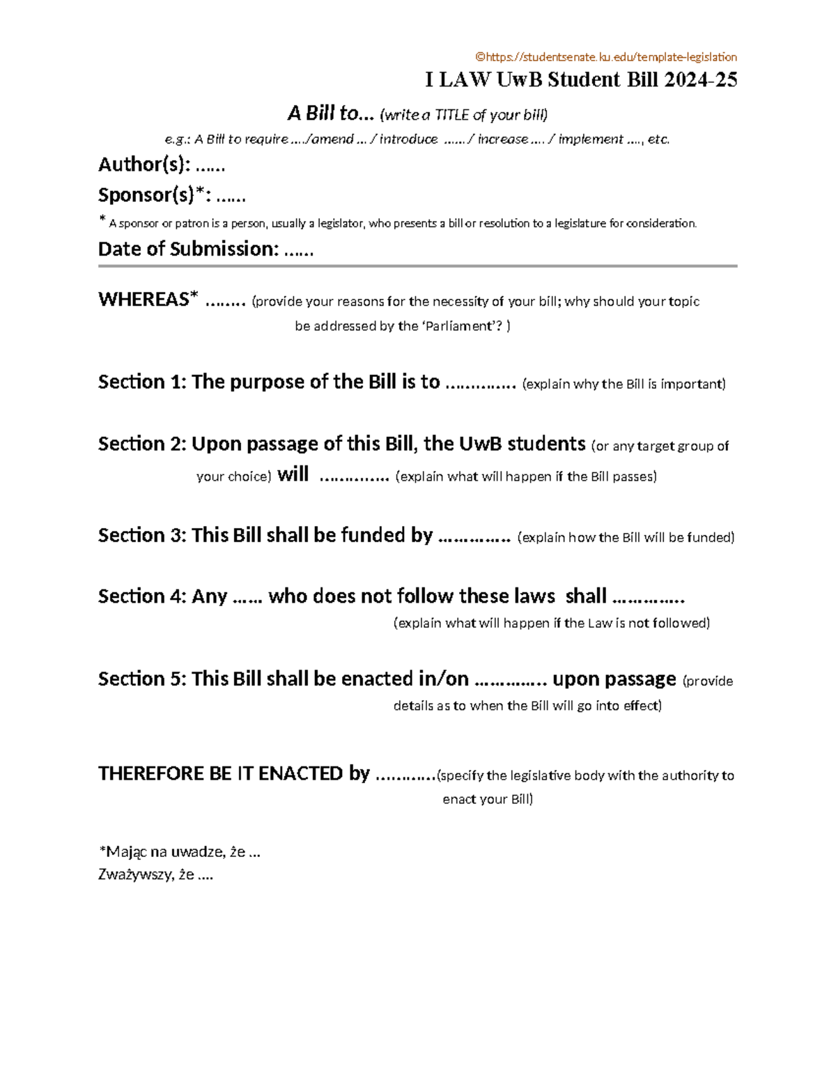 UwB Student Bill Template for Legislation - 2024 - Studocu
