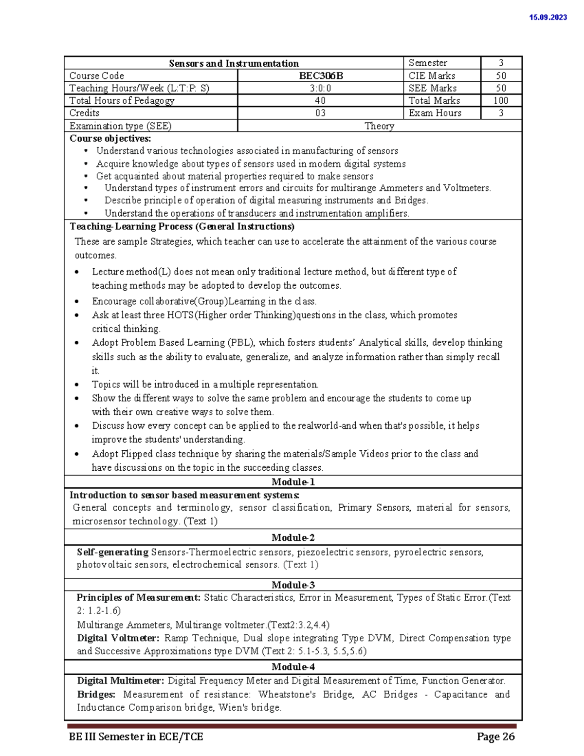 BEC306B - Sensors and Instrumentation Syllabus for ECE/TCE III Semester ...