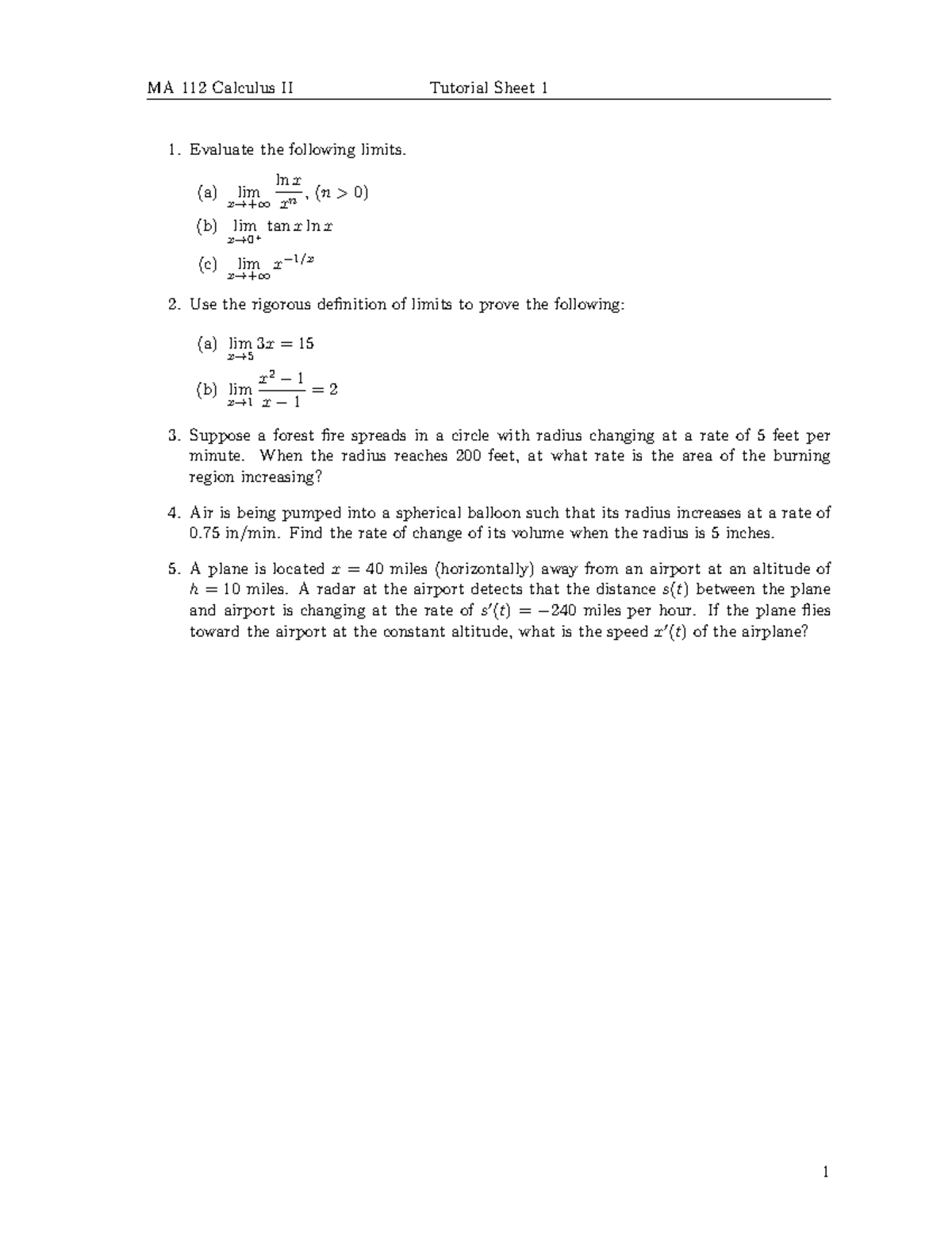 MA 112 Calculus II Tutorial Sheet 1 - Studocu