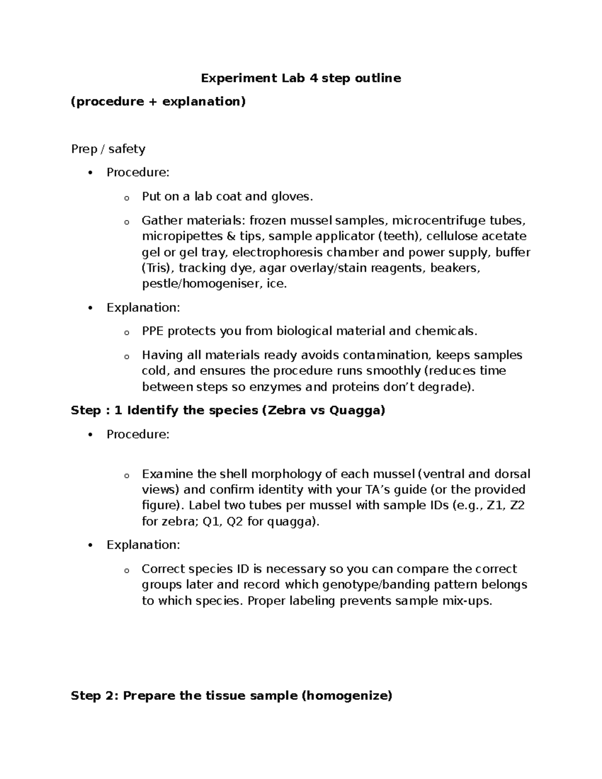 Experiment Lab 4: Step-by-Step Procedure for Mussel Analysis - Studocu