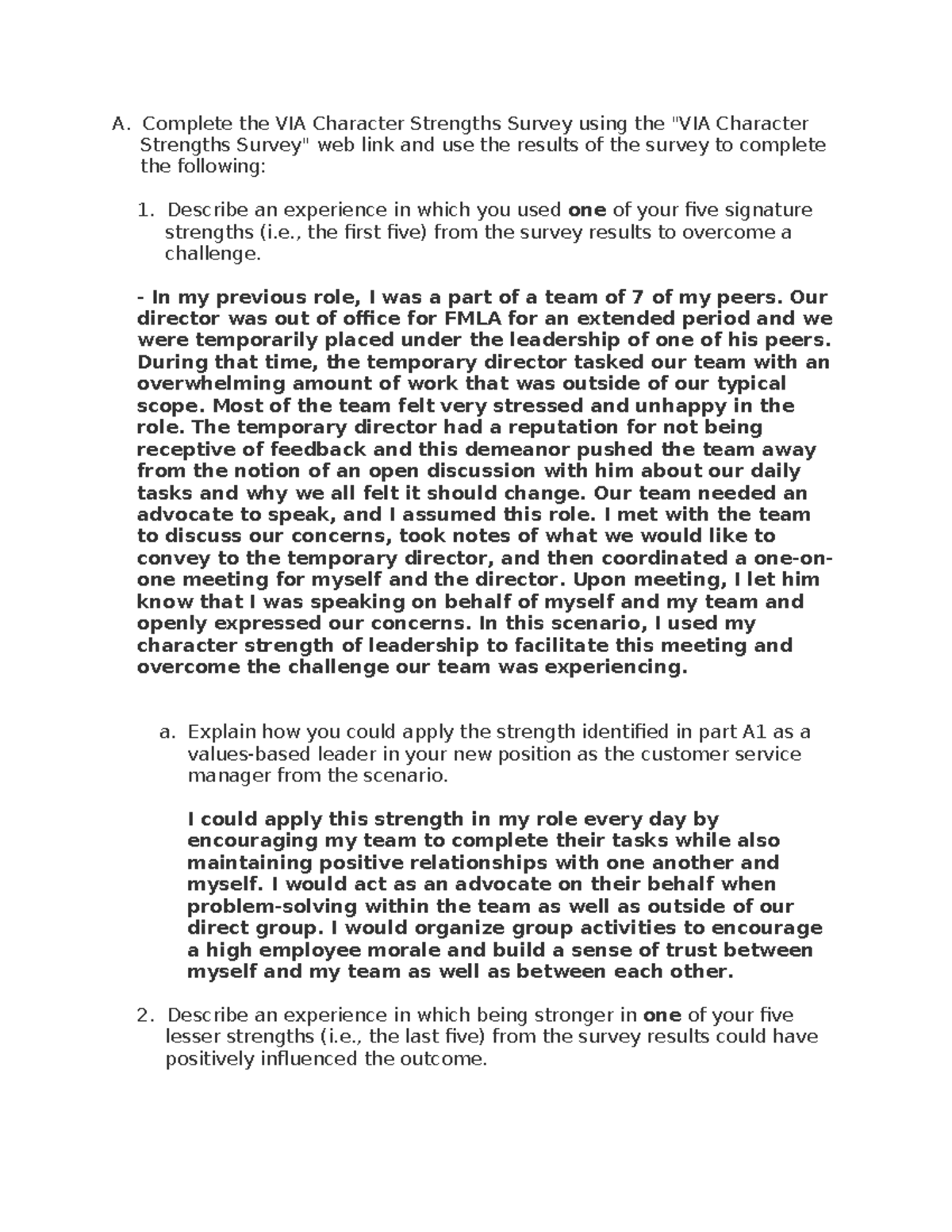VIA Character Strengths Survey Reflection & Leadership Application ...