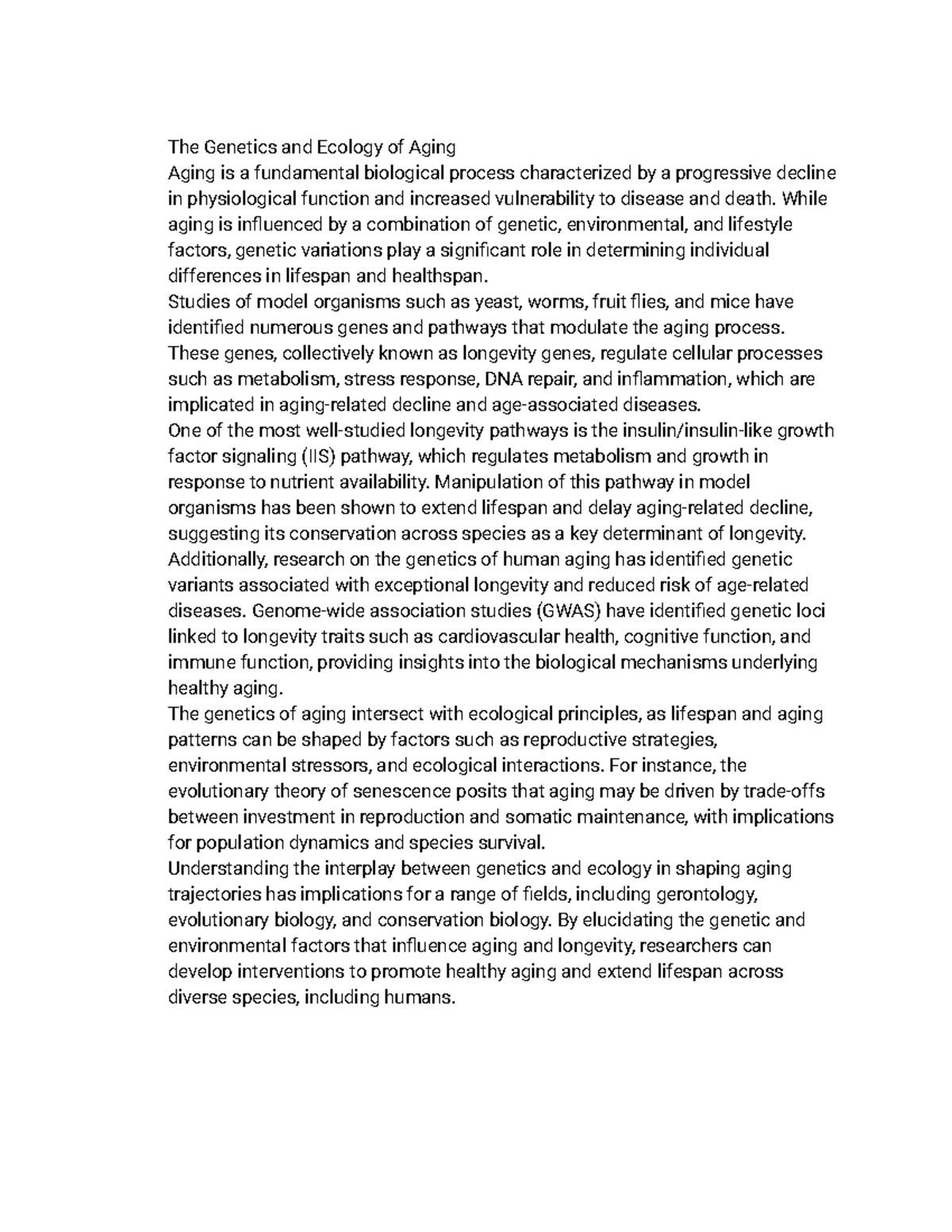 Genetics and Ecology of Aging: Insights into Longevity Factors - Studocu