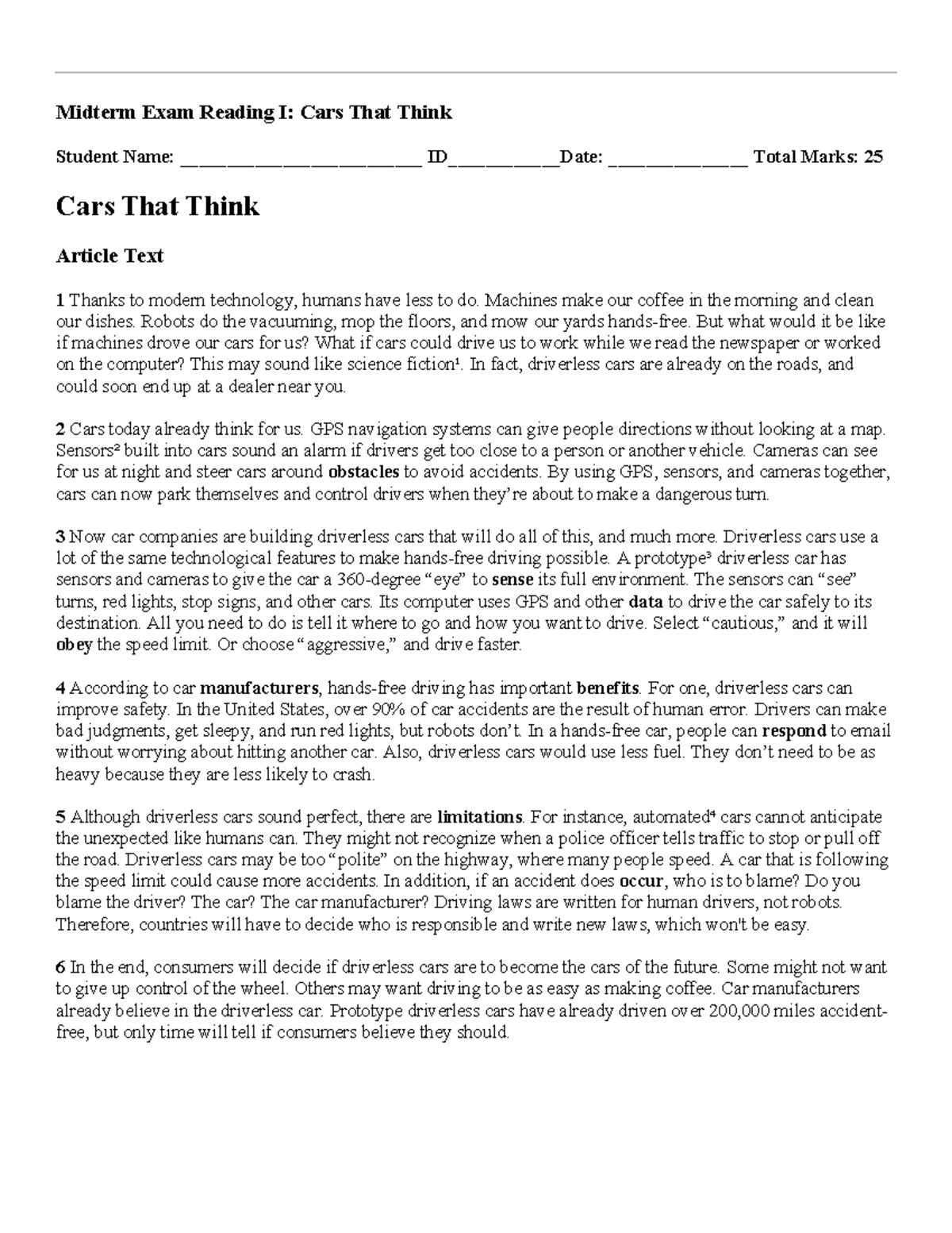 Midterm Exam Reading I: The Future of Driverless Cars - Studocu