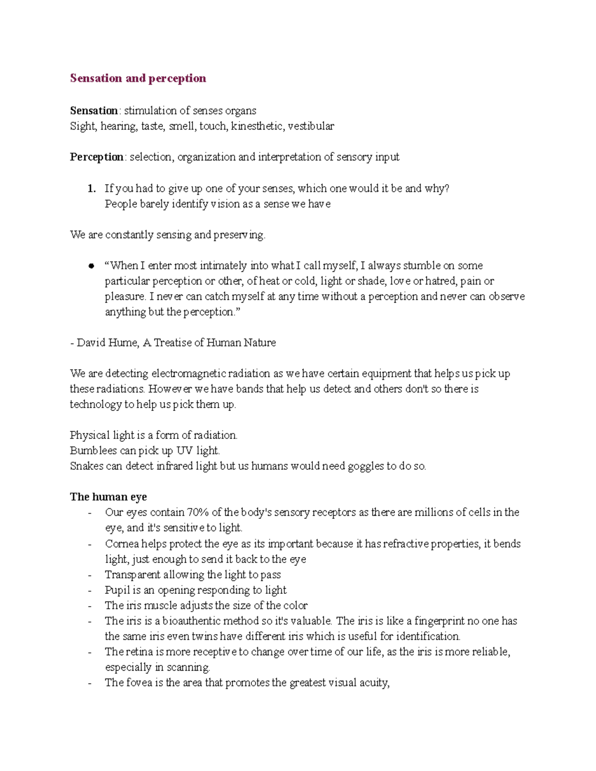 Psych 1001 Chapter 4: Sensation and Perception Notes - Studocu