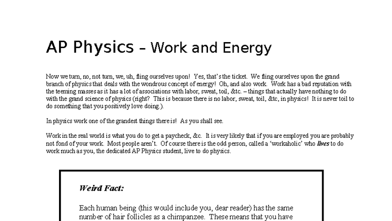 AP Physics - Work and Energy Notes Packet Answers - Studocu