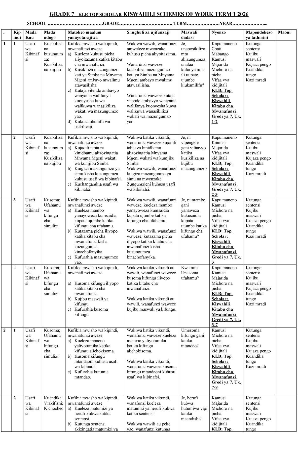 GRADE 7 KLB KISWAHILI SCHEMES OF WORK TERM 1 2026 - Studocu