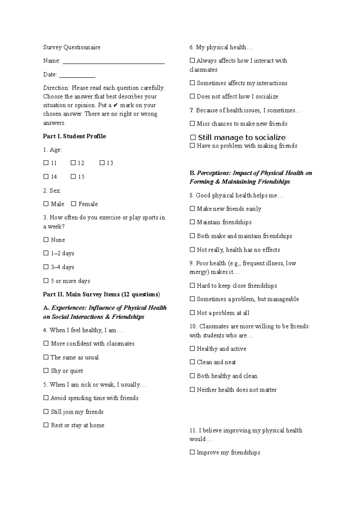 PR 2 Survey Questionnaire: Impact of Physical Health on Friendships ...
