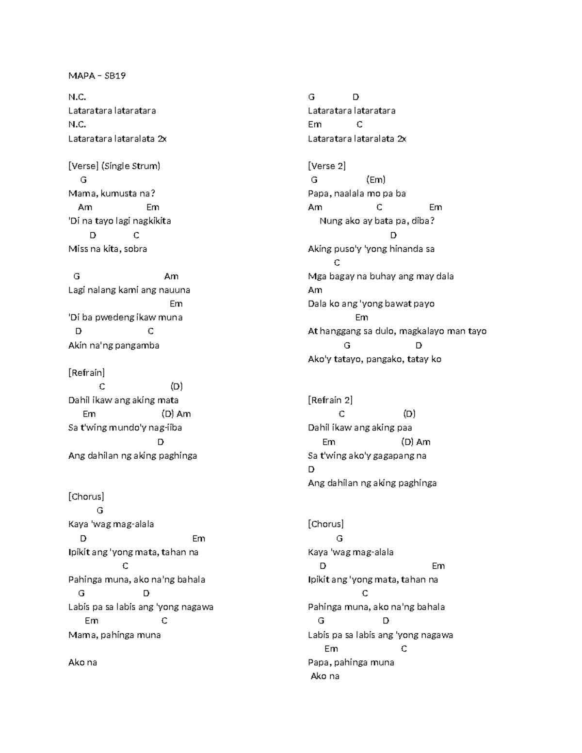 MAPA - Lyrics and Chords for the Song "Mama" & "Papa" - Studocu