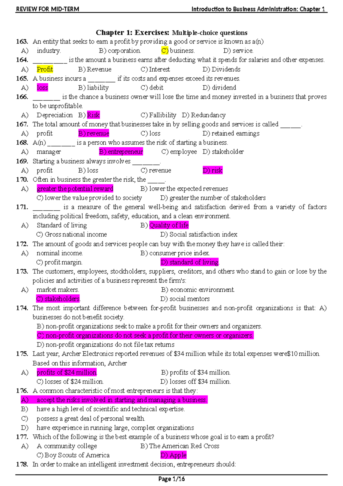 REVIEW FOR Introduction to Business Administration: Chapter 1 Exercises ...
