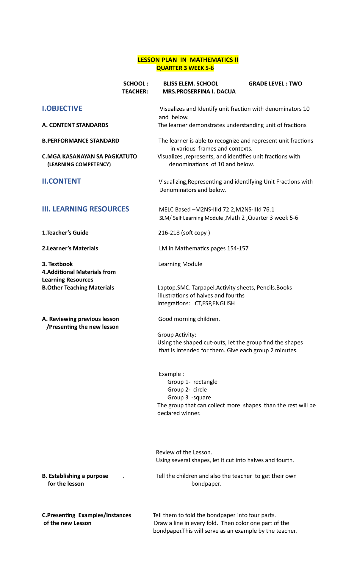 Lesson Plan for Math COT: Exploring Unit Fractions in Grade 2 - Studocu