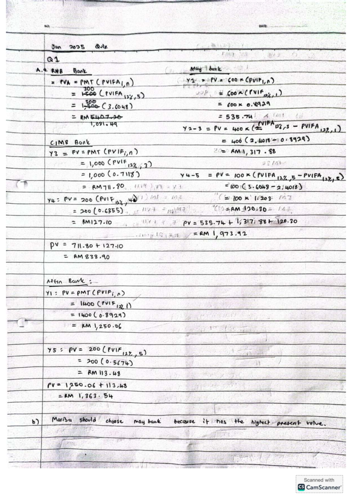 Quiz MAF253 Jan 2025: Present Value Calculations and Analysis - Studocu