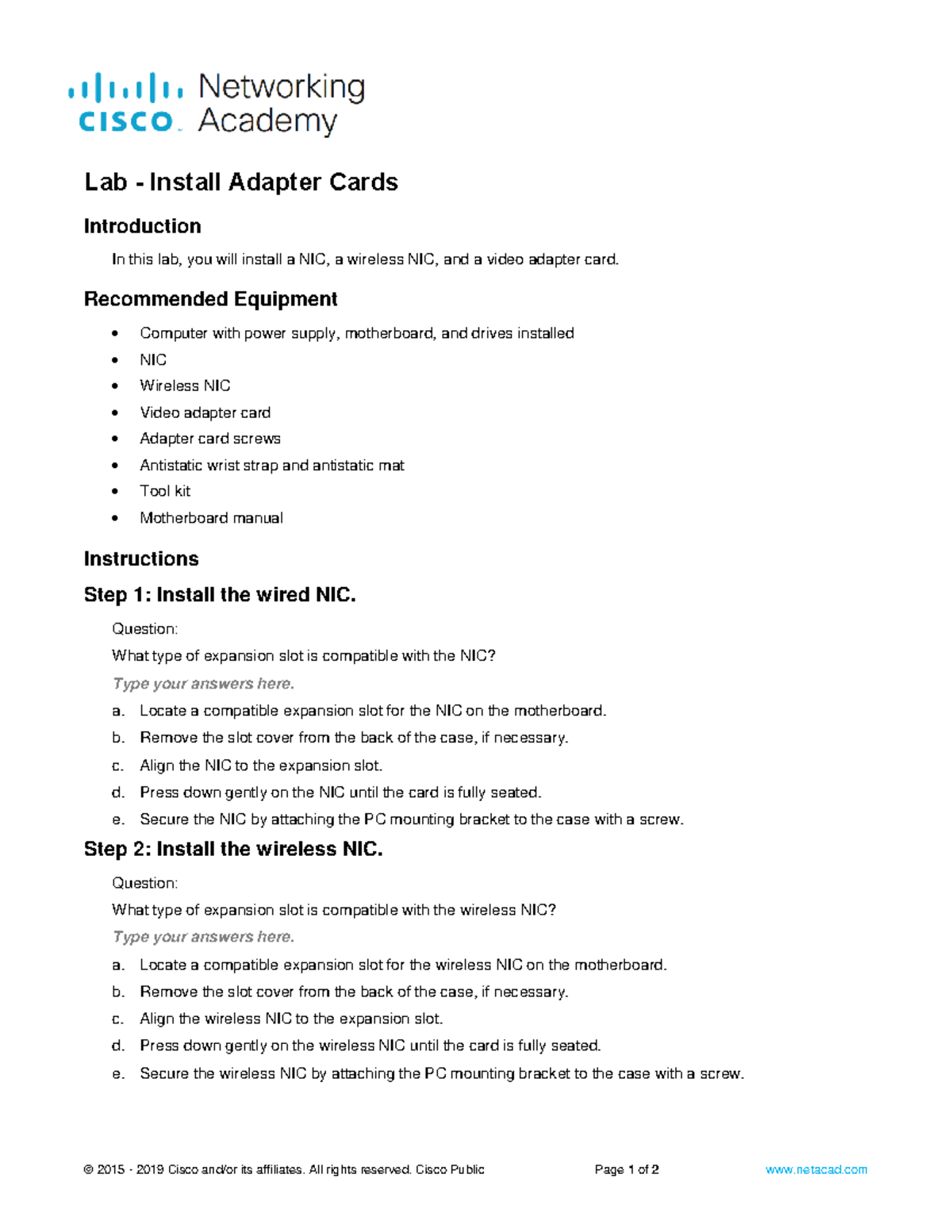 Lab Installation of NIC, Wireless NIC & Video Adapter Cards - Studocu