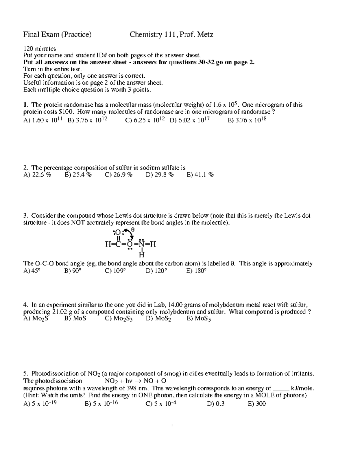 Chem111 Practice Final Exam Questions & Solutions - Studocu