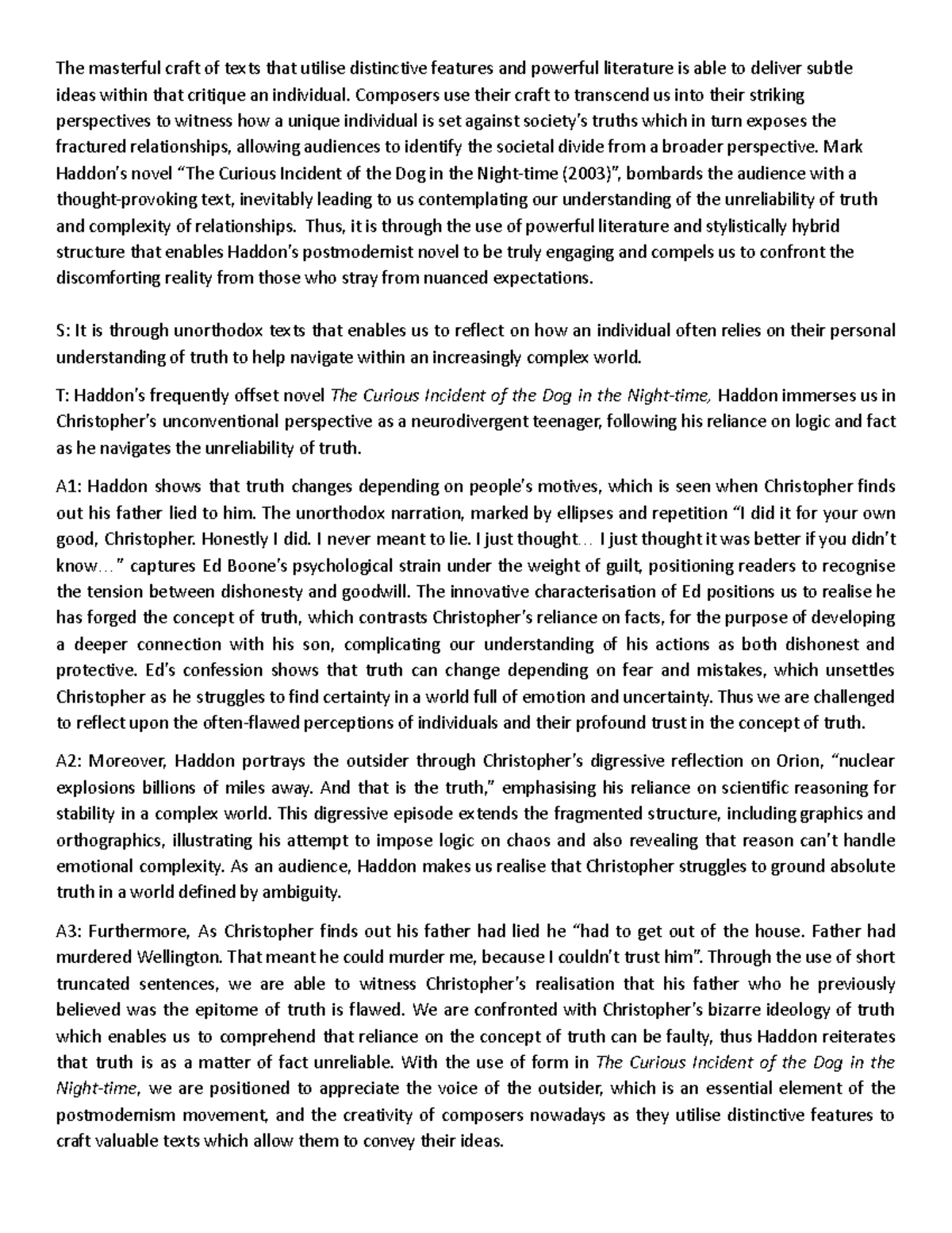 Mod B - Essay Notes on The Curious Incident of the Dog in the Night ...