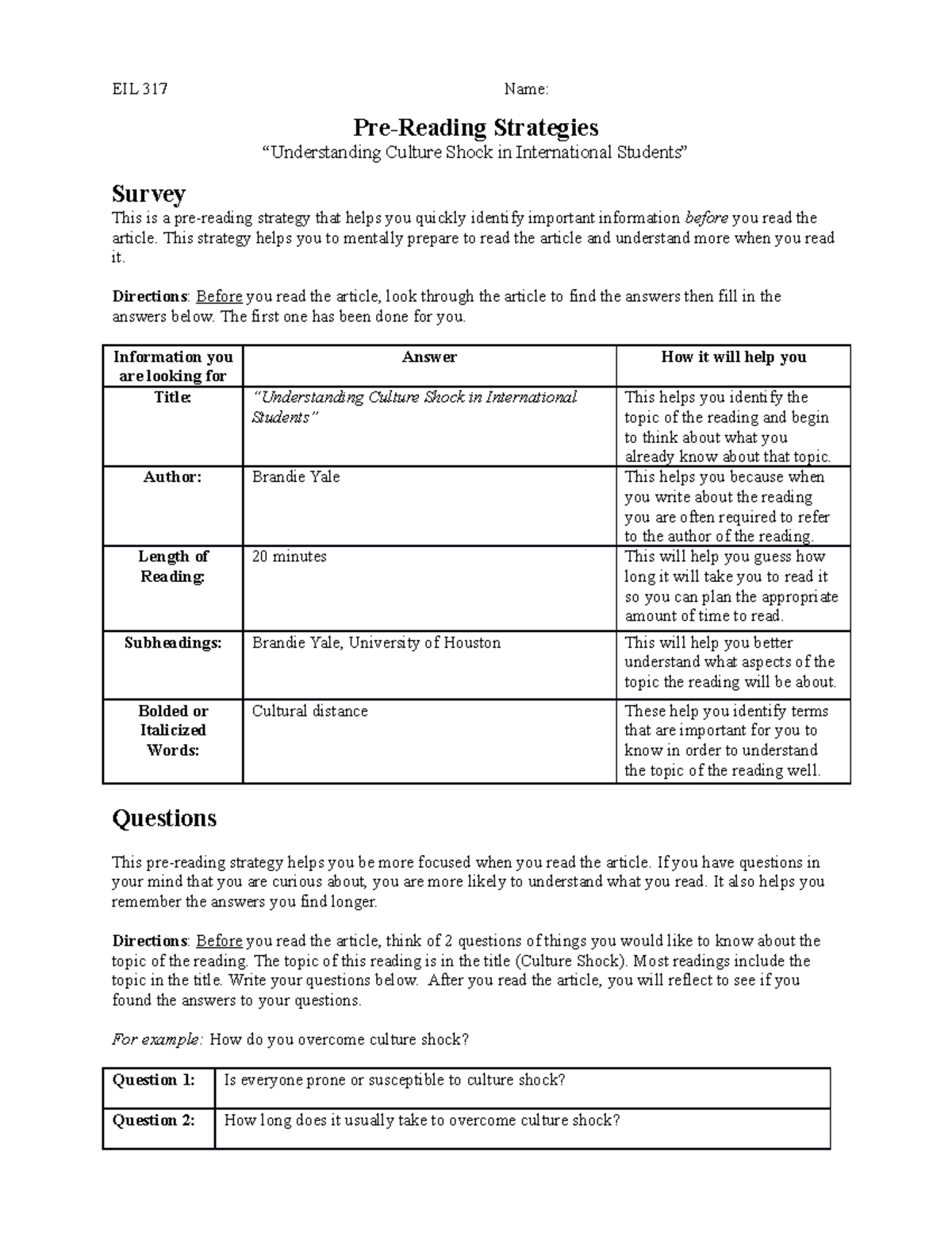Understanding Culture Shock Survey and Question Pre-Reading - EIL 317 ...