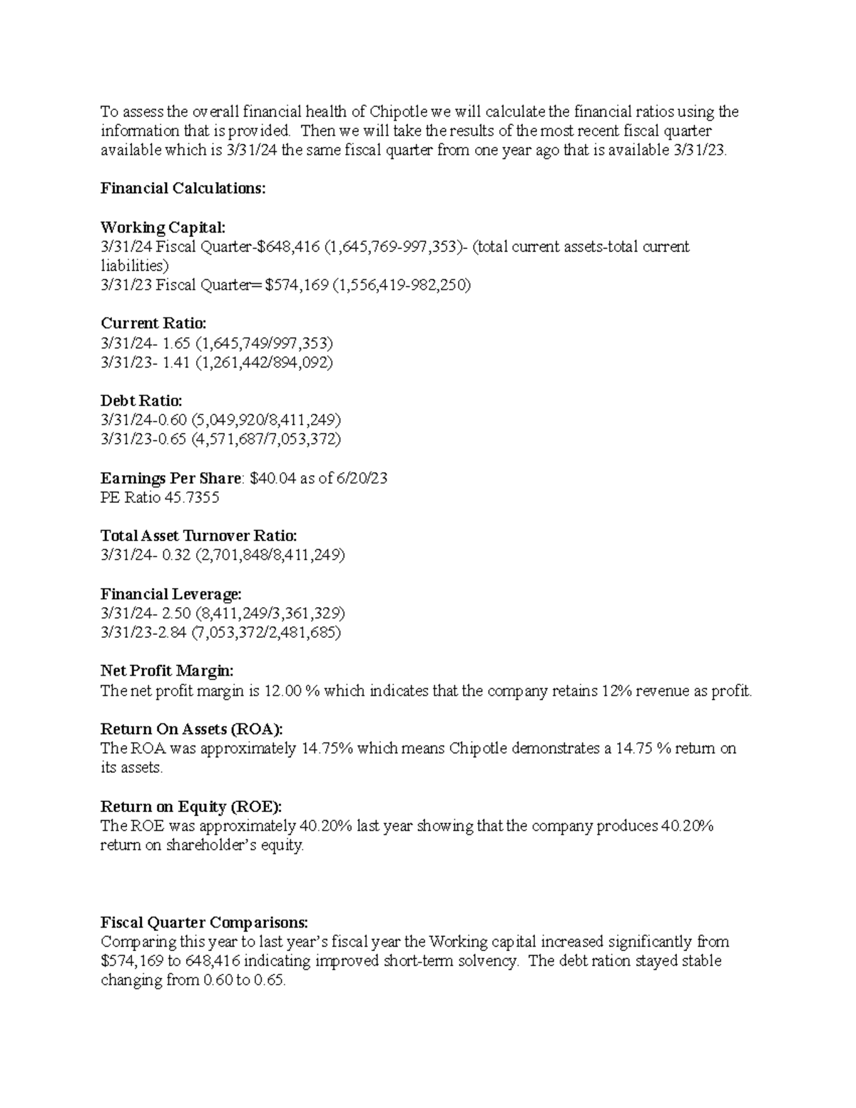 FIN-320 5-2 Financial Health Analysis of Chipotle (Q1 2024) - Studocu