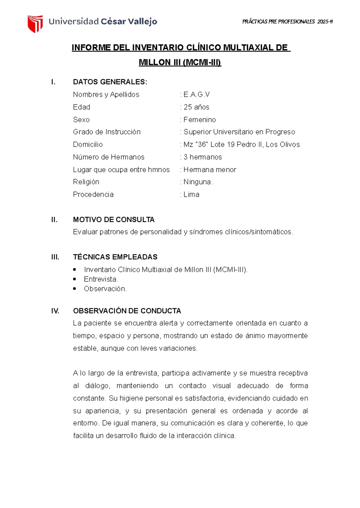INFORME DE PRÁCTICAS PRE PROFESIONALES: EVALUACIÓN PSICOLÓGICA - Studocu