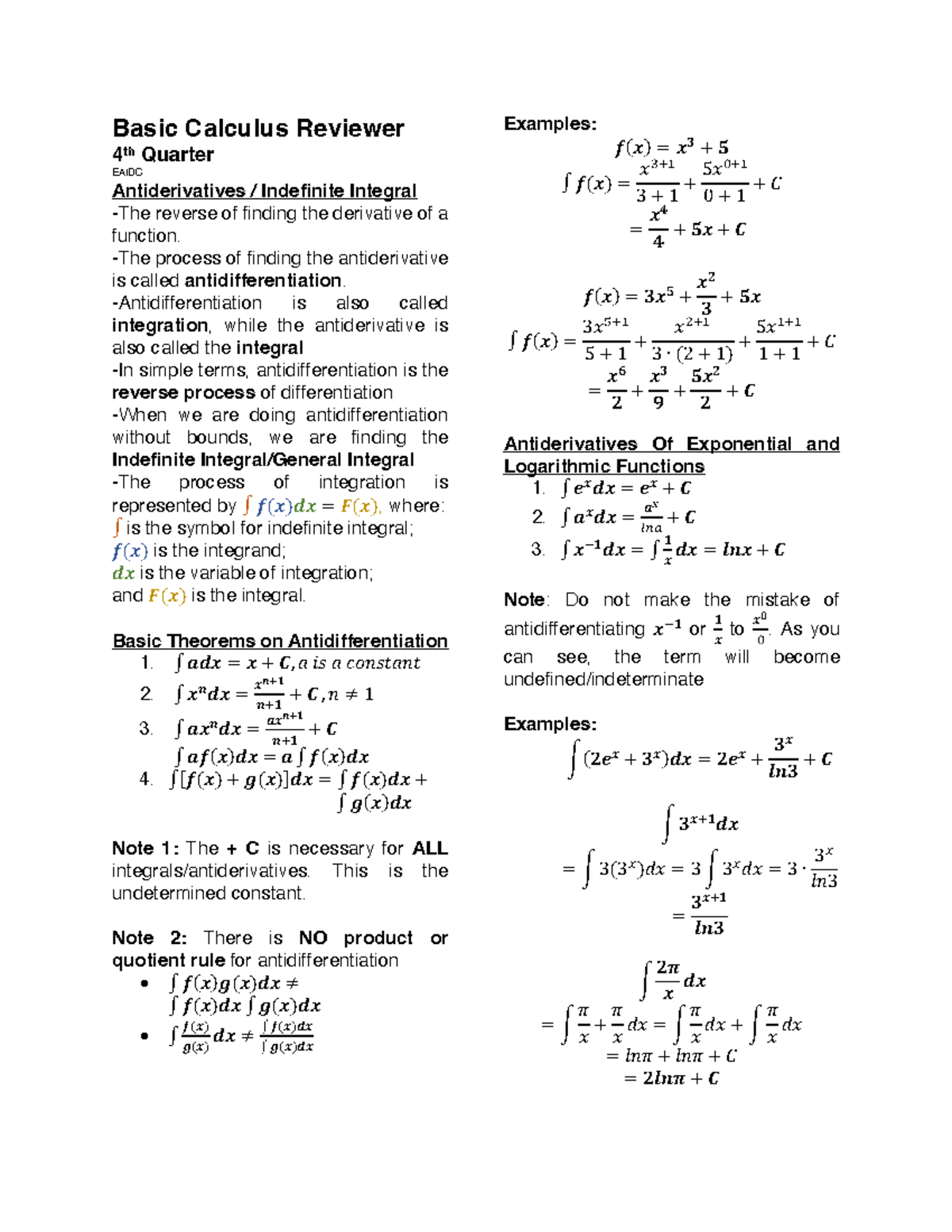 Basic Calculus Reviewer: 4th Quarter (Antiderivatives & DEs) - Studocu