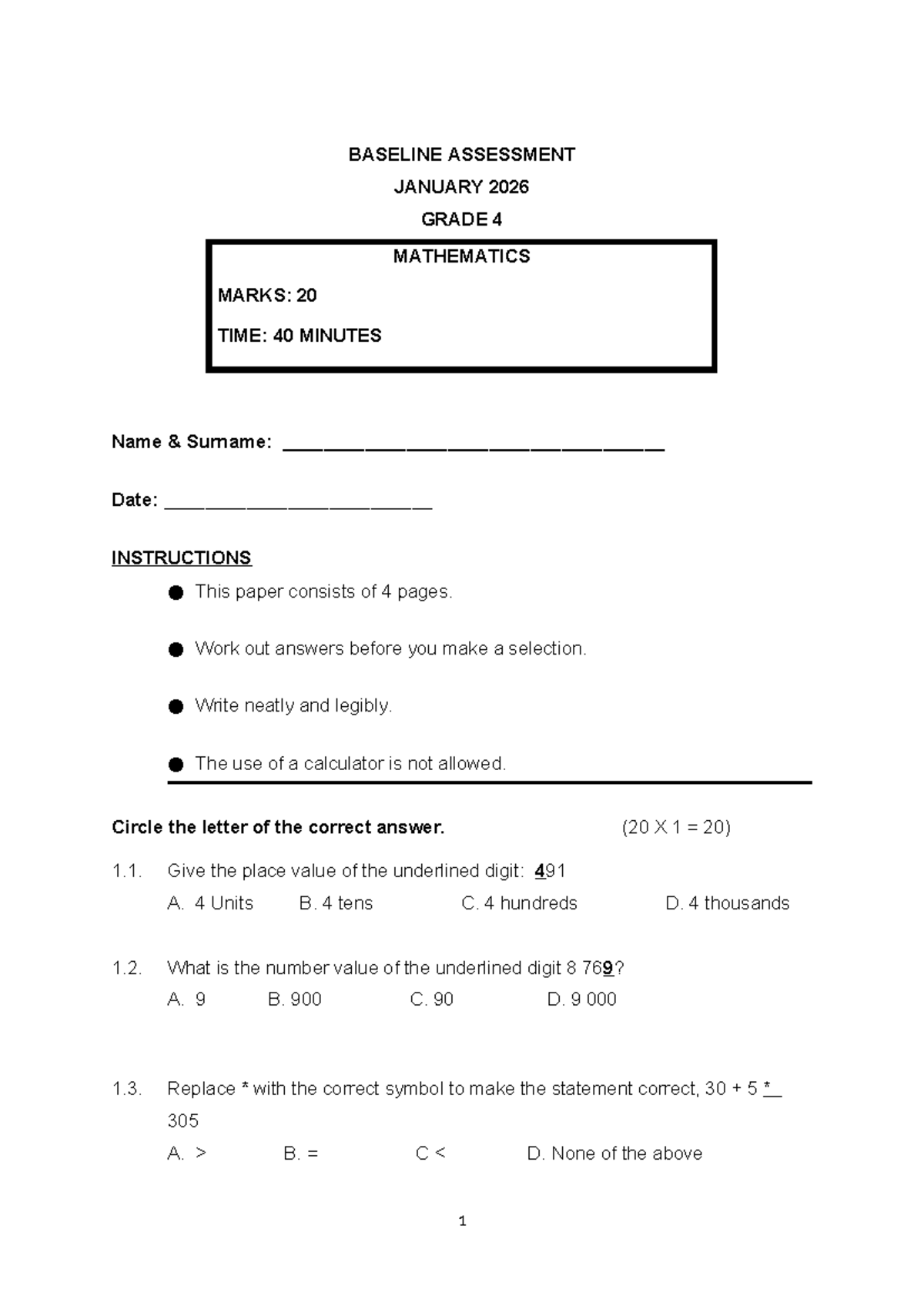 Grade 4 Mathematics Baseline Assessment Jan 2026 Marks: 20 - Studocu