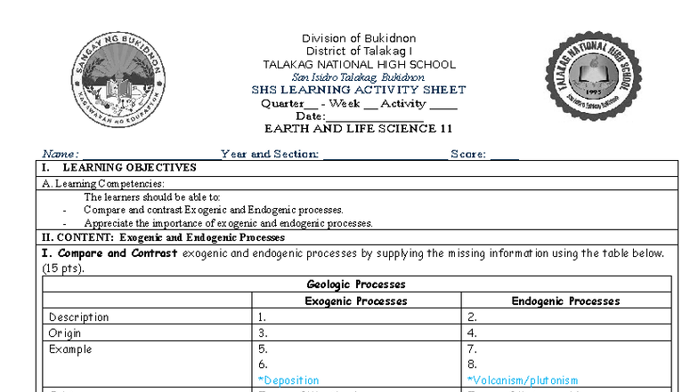 SHS Learning Activity Sheet: Earth and Life Science 11 - Quarter 3 ...