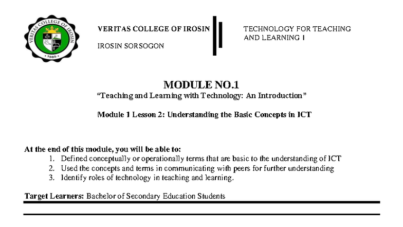 BSED 1: Module 1 Lesson 2 - Understanding Basic ICT Concepts - Studocu