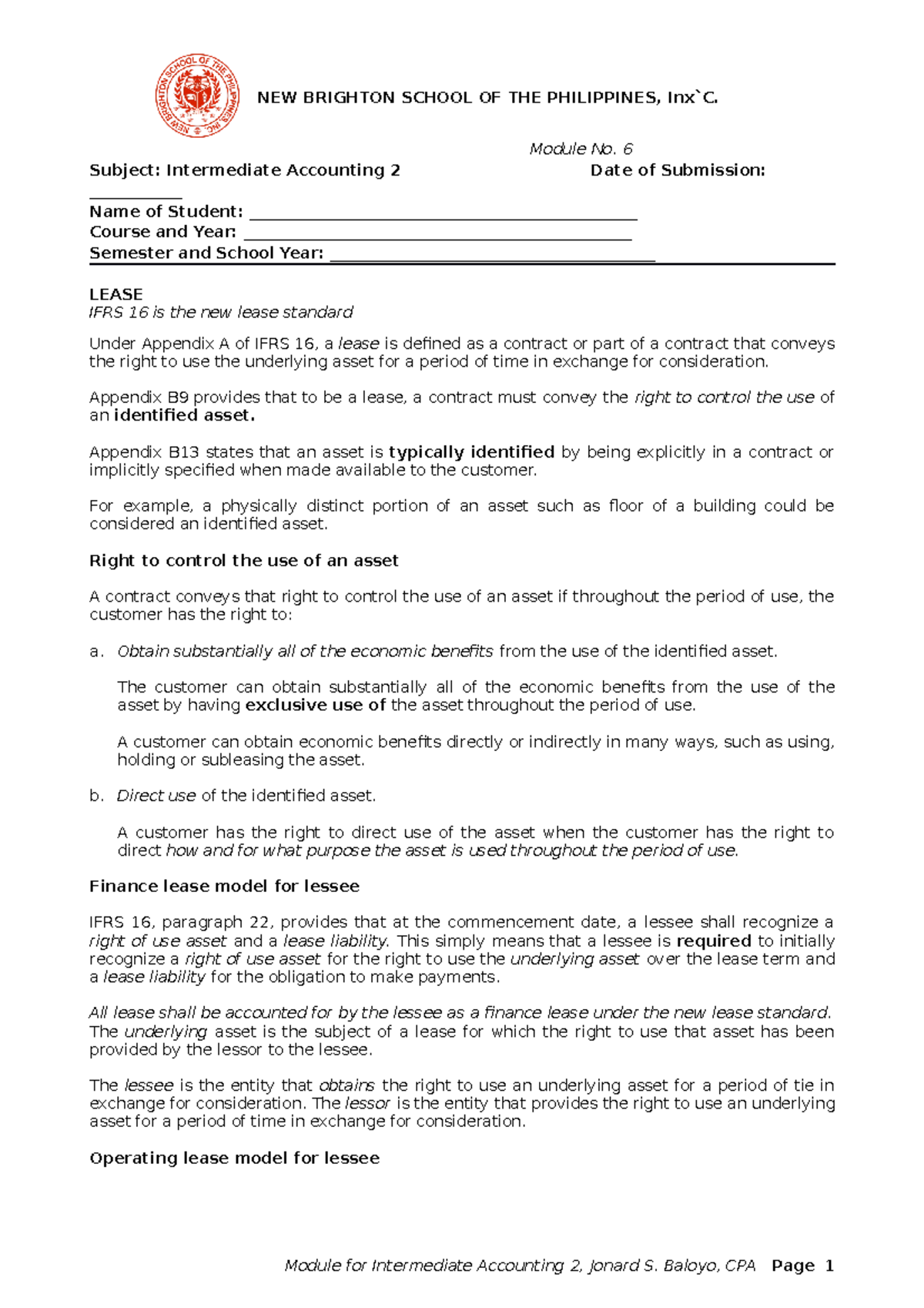 Intermediate Accounting 2: Module 6 on Lessee Accounting Principles ...